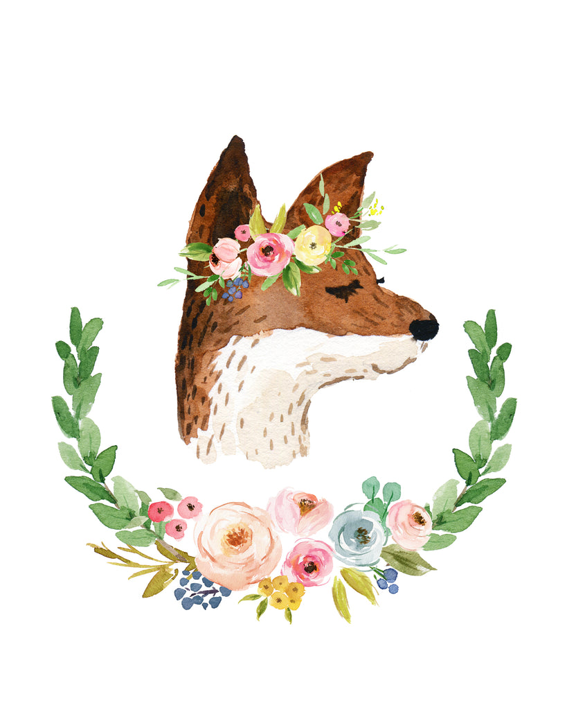 Adorable Watercolor Fox Painting with Flower Crown for Boho Nursery